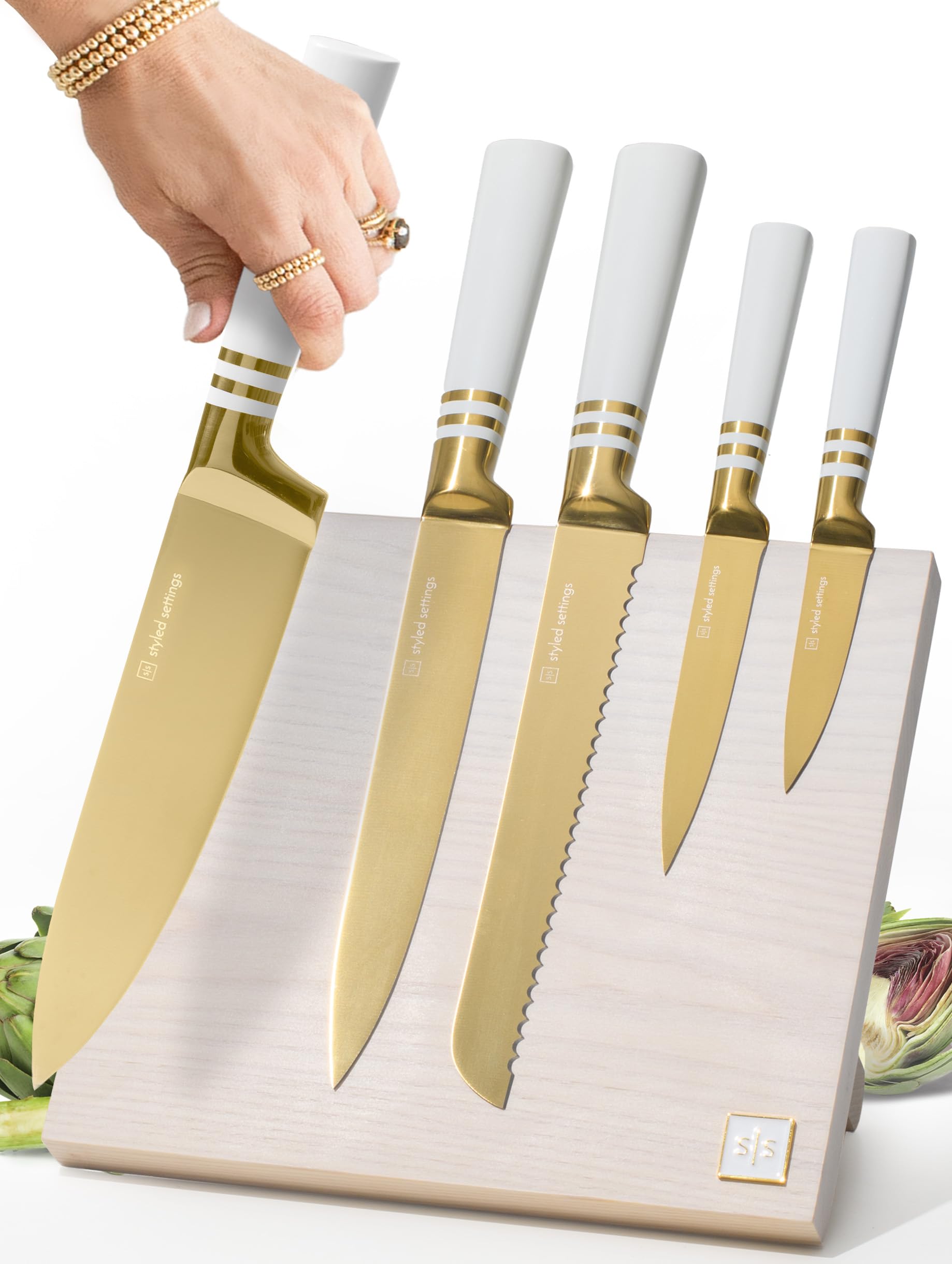 White and Gold Knife Set with Block- 6 PC White and Gold Kitchen Knife Set with Magnetic Knife Holder Includes White and Gold Knives and Ashwood Magnetic Knife Block - Gold Kitchen Accessories
