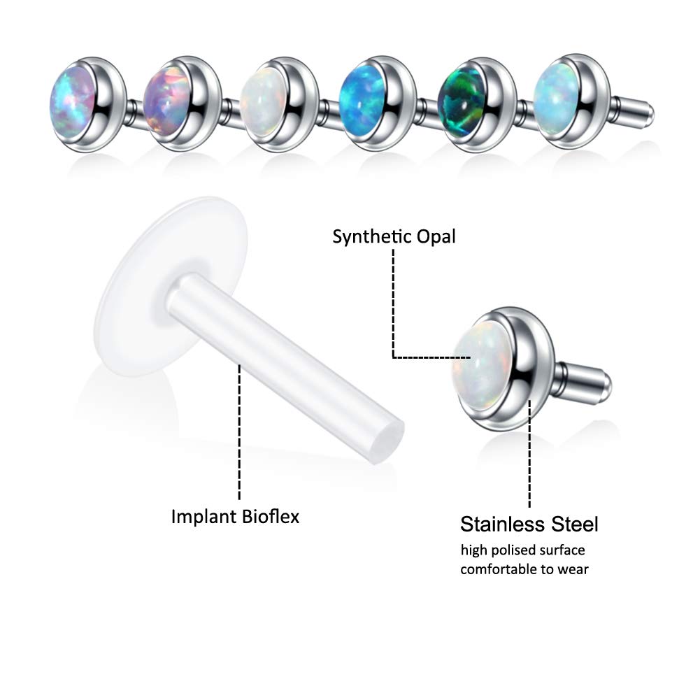 Xpircn 6PCS 16G 5/16 Bioflex Opal Lip Rings Stud Piercing Labret Monroe Nose Tragus Helix Ear Body Piercings