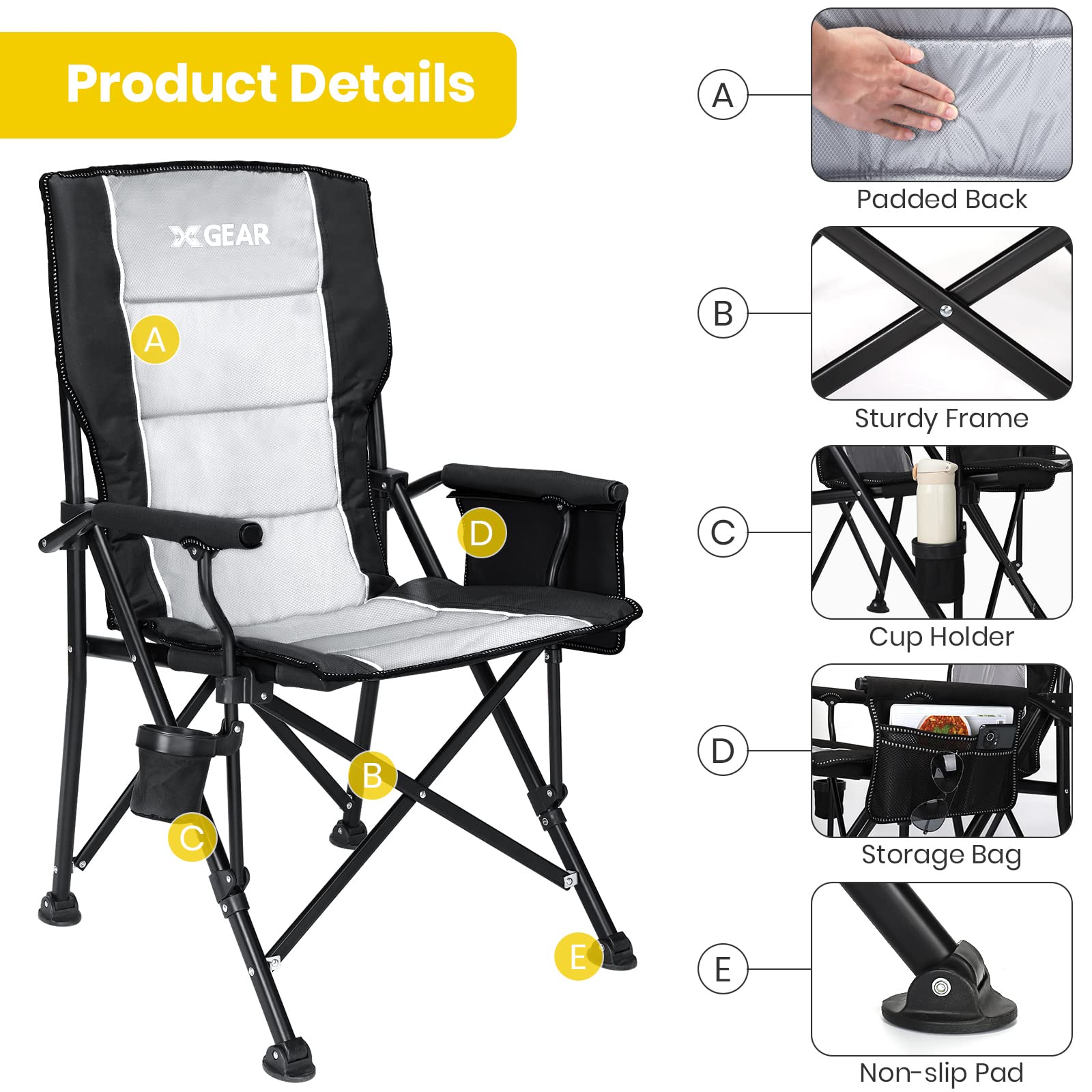 XGEAR Camping Chair High Back Camp Chair with Padded Hard Armrest, Cup Holder and Side Storage Bag Included (Black/Silver)