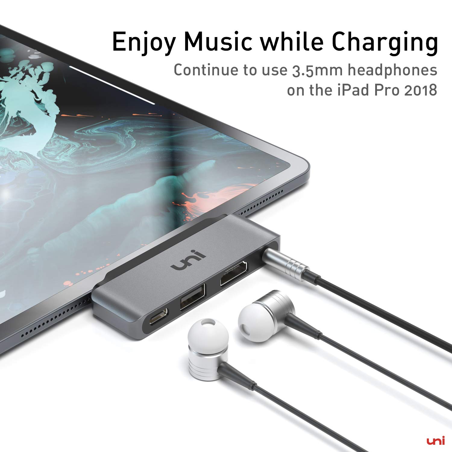 uni USB C Hub Adapter for iPad Pro 2021, Aluminum 4 in 1 Hub with 4K 60HZ HDMI, 3.5mm Headphone Jack, USB 2.0 and 3.0 60W PD. Compatible with iPad Air 2020, MacBook, XPS, Surface Book 2 and More