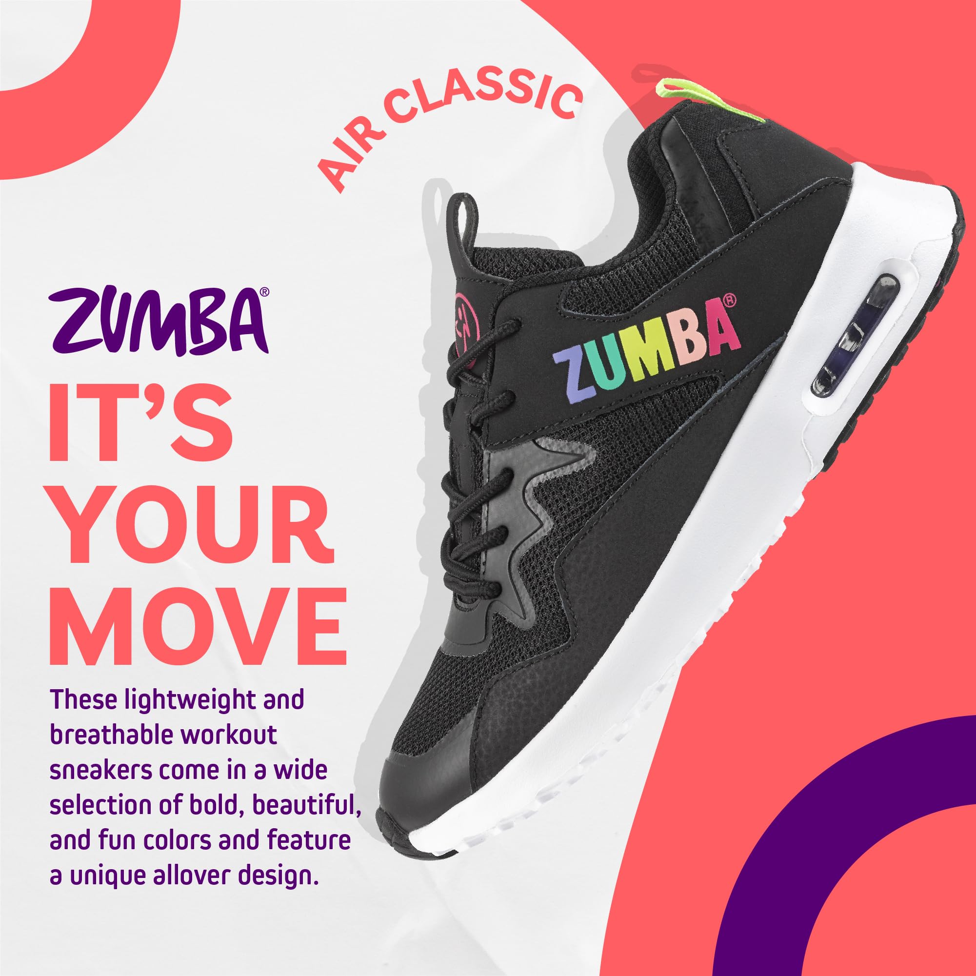 ZUMBA Women’s Air Classic Low-Top Air Cushion Sneakers, 11, Black Multi
