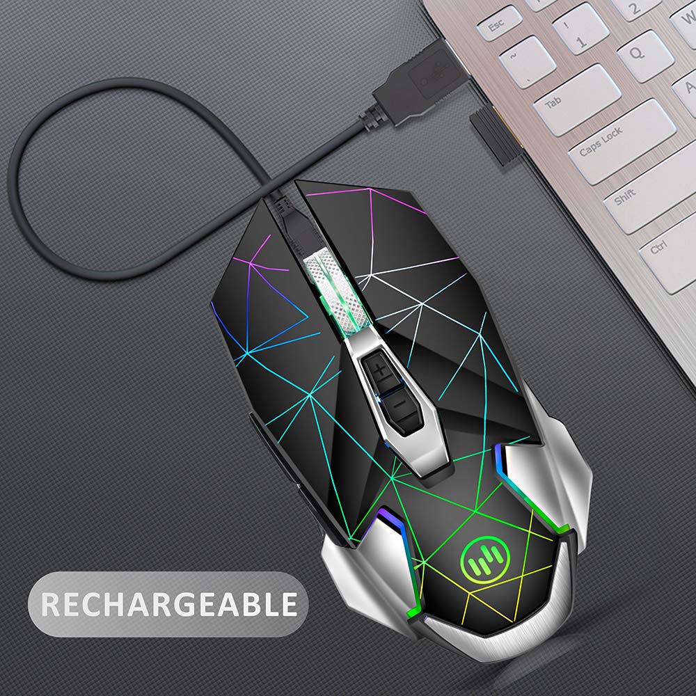 Uiosmuph G10 LED Wireless Gaming Mouse, 2.4G Optical Rechargeable Wireless Mouse, Silent Wireless Computer Mouse with LED Light and Metal Base (Black)