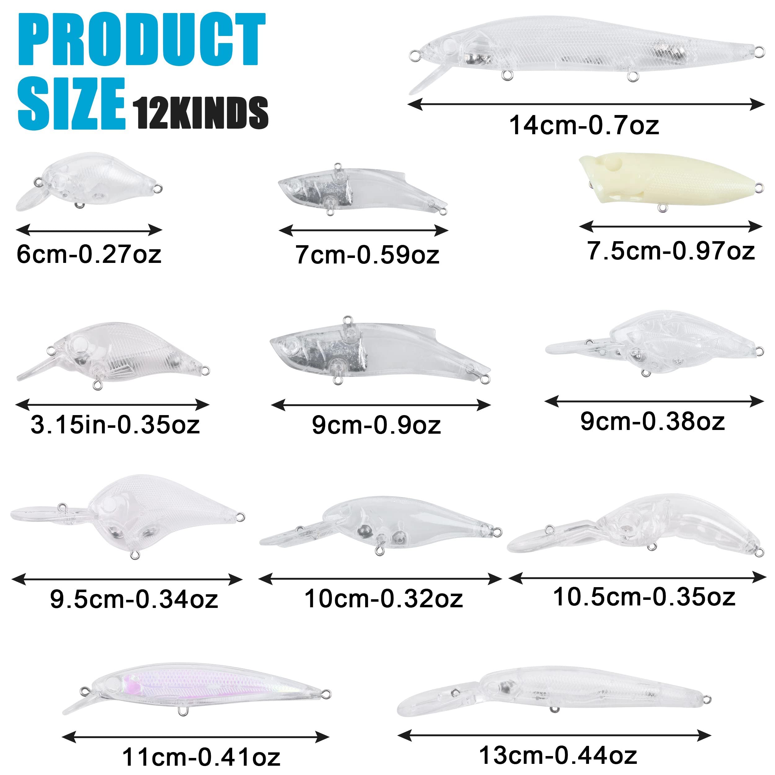 Unpainted Fishing Lures Crankbait Blanks Hard Lures Kit with 3D Eyes Blank Fishing Lure Making Kit Lipless Crankbait Minnow Popper Jerkbait VIB Clear Bodies