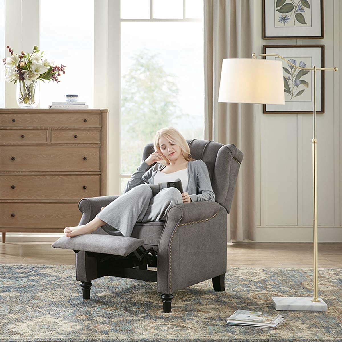 YANXUAN Pushback Recliner Chair, Tufted Armchair with Padded Seat, Backrest,Nailhead Trim, Gray