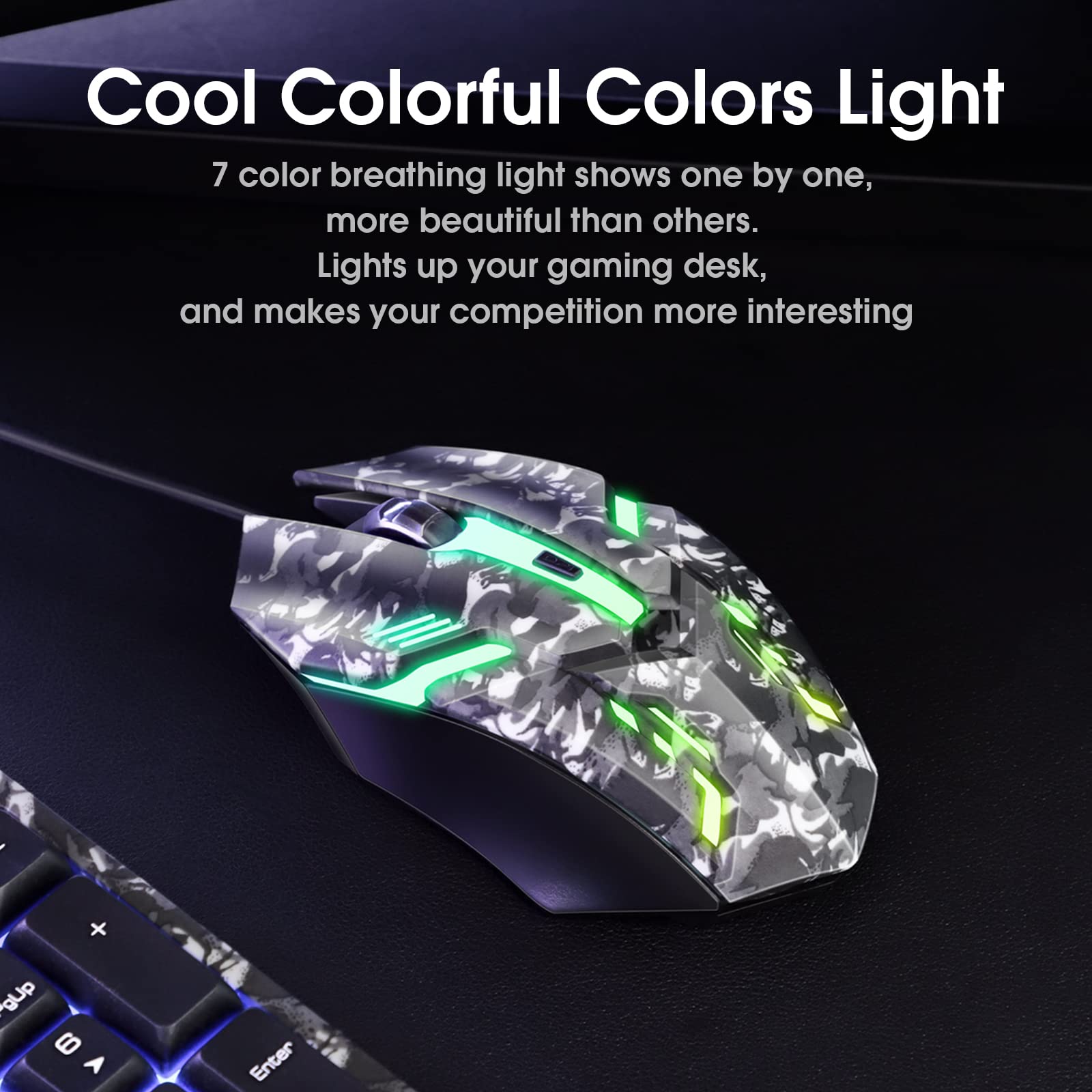 Zhhcyyds K1B Gaming Keyboard and Mouse and Headset Combo, Wired PC Gaming Accessories for PC Setup, Ergonomic Computer Mechanical Keyboard Llight Up Gaming Gifts Set (Camouflage grey)