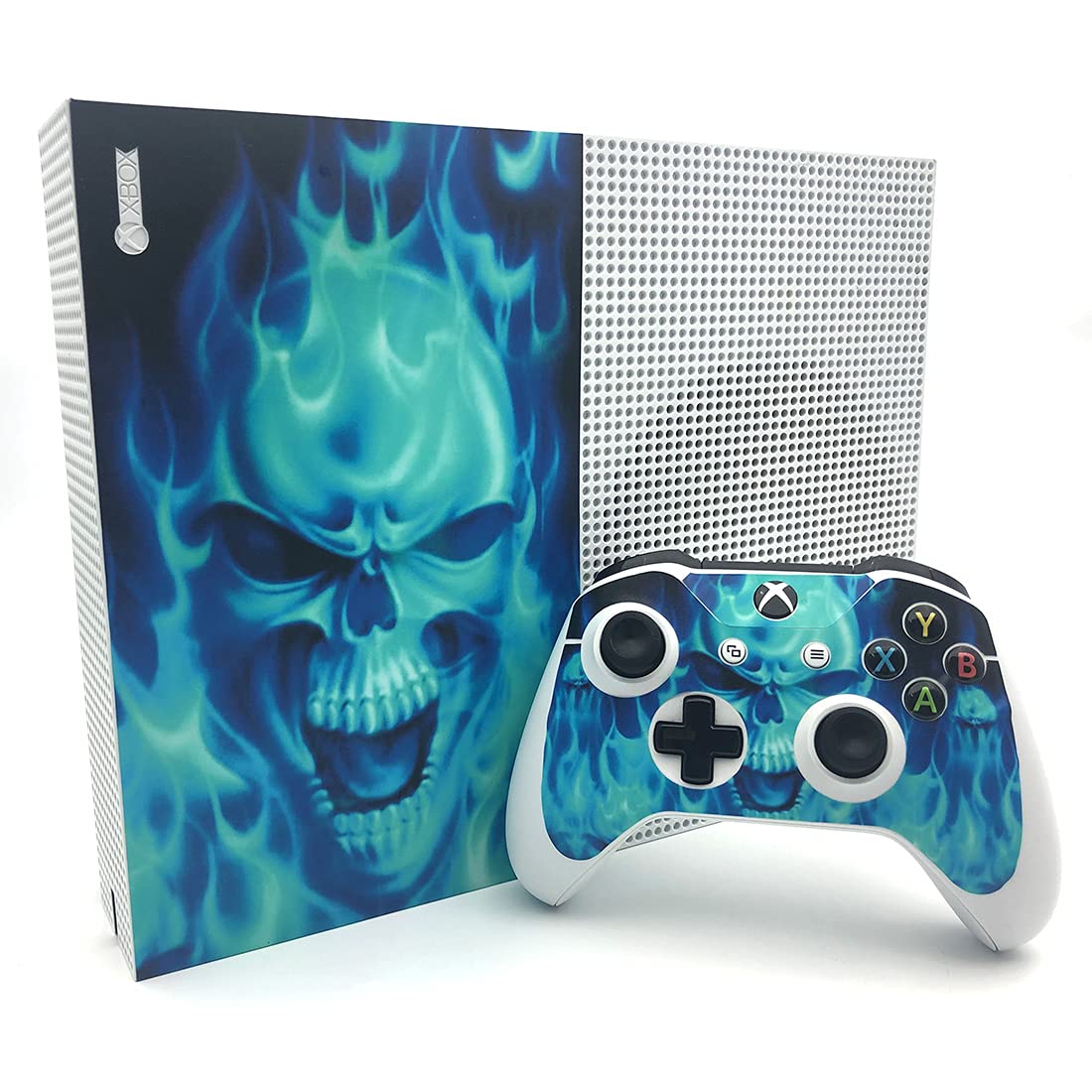UUShop Protective Vinyl Skin Stickers for Microsoft Xbox One S with Two Free Wireless Controller Decals Blue Flame Fire Skull