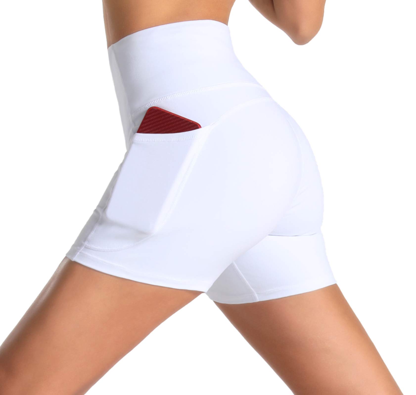 Wjustforu Women's 5" High Waist Biker Shorts Tummy Control Compression Yoga Short Tight Shorts for Workout Running (White, Medium)