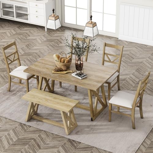 WOXYX Farmhouse 6-Piece Dining Table Cross Legs, Kitchen-Set & 4 Upholstered Chairs and Solid Wood Bench,Natural