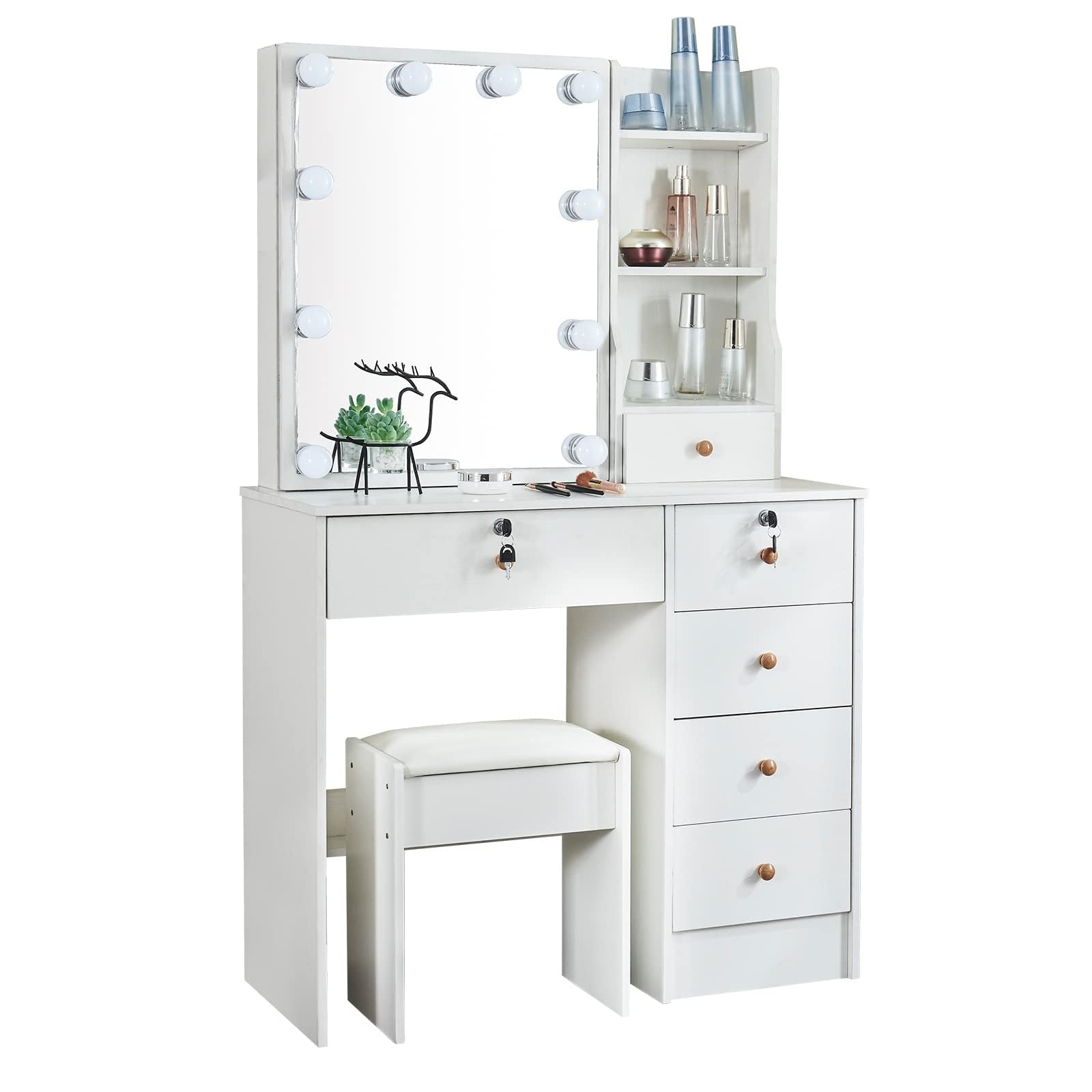 Vanity Desk, Makeup Vanity Dressing Table with Mirror and 3 Lighting Modes Brightness Adjustable, Bedroom Set with Drawers, Shelves for Women, Girls