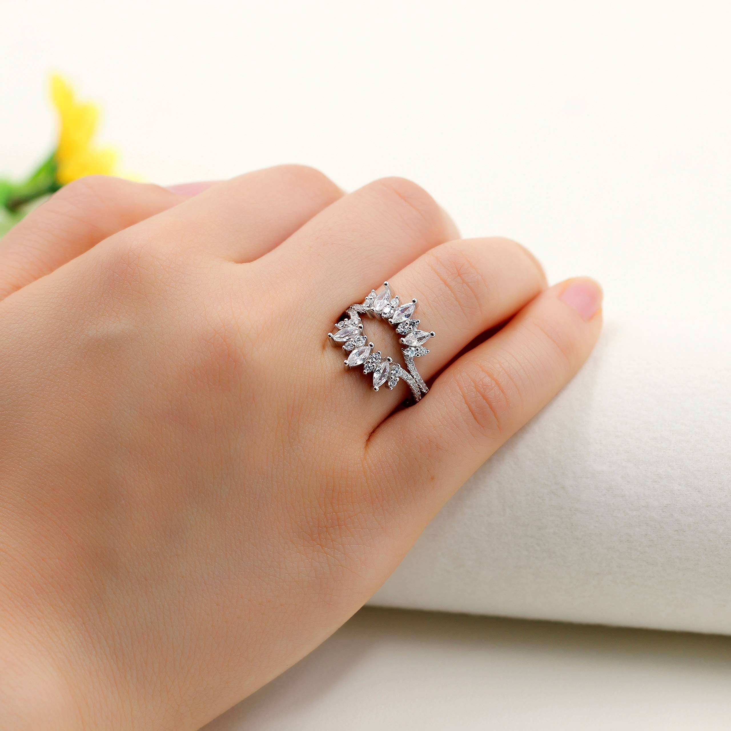 Women's Marquise-Shape CZ Engagement Band Guard Enhancers Silver Stacking Wedding Ring Set Platinum Plated (size 6)
