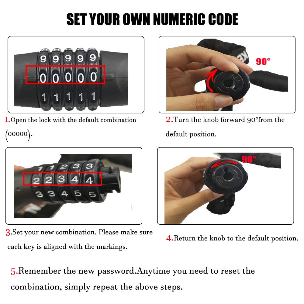 ZUKKA Bike Chain Lock 5 Digit Resettable Combination Password Lock,Heavy Duty Anti-Theft Bicycle Cable Locks