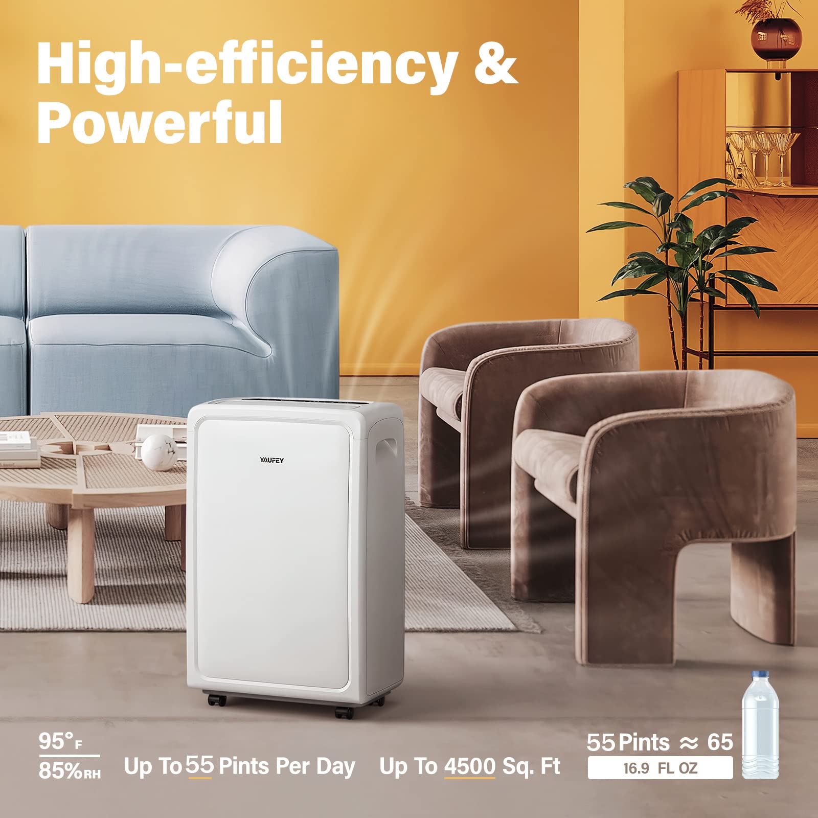 Yaufey 4500 Sq. Ft Home Dehumidifier for Basement and Extra Large Rooms, 55 pints Dehumidifier with Drain Hose, Water Tank and Reusable Air Filter