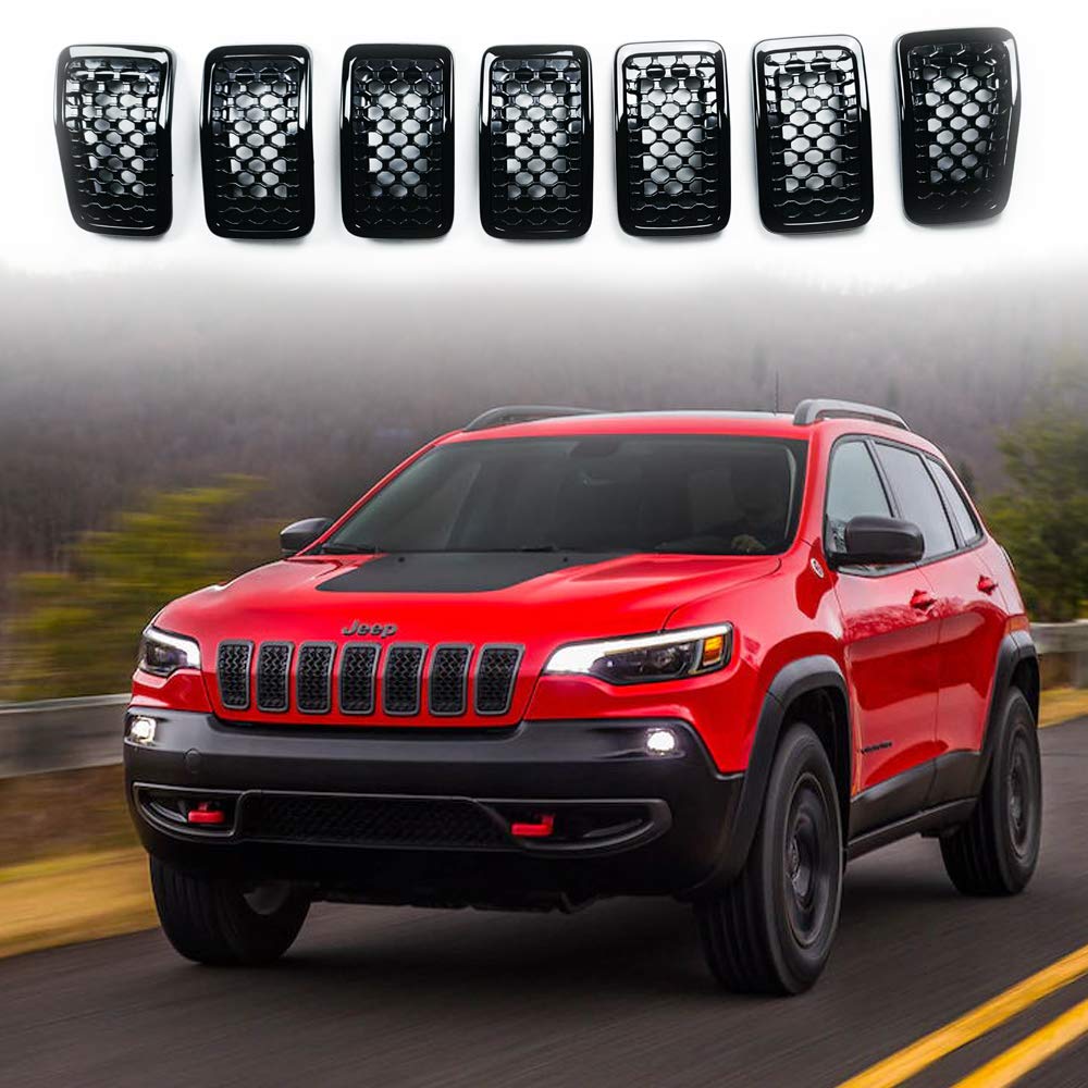 YAV Fit for 2019 2020 2021 Jeep Cherokee Black Grill Inserts Front Grille Inserts Honeycomb Mesh Cover Accessories 7PC