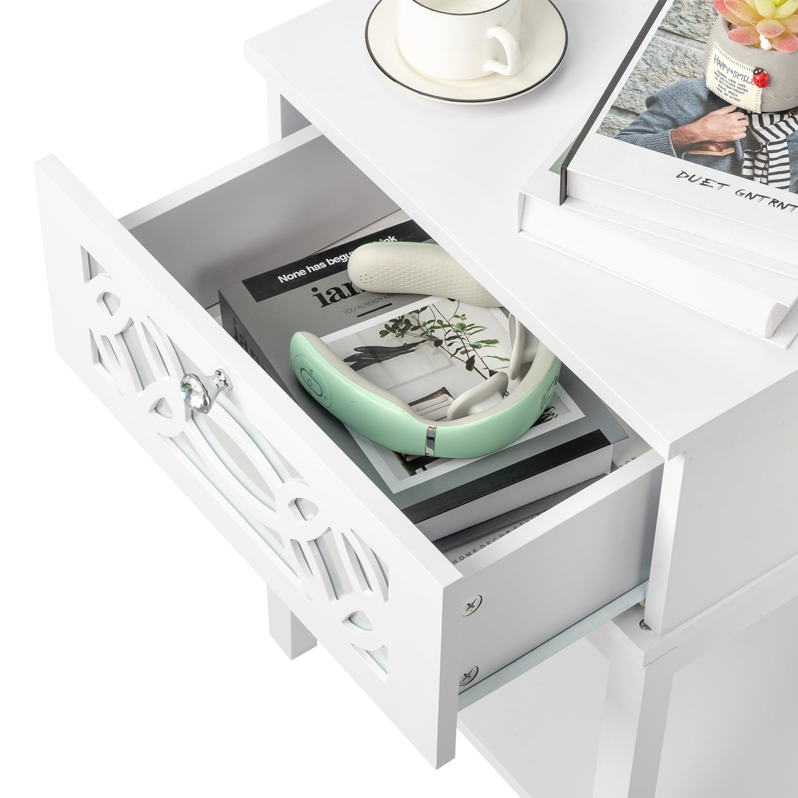 White Nightstand Set of 2, Modern Bedside Table with Mirror and Carved Design, End Table with Drawer and Open Storage Shelf, White Side Table for Bedroom, Living Room, Apartment, White