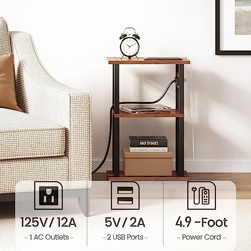 TUTOTAK Small Narrow Side Table with Charging Station, Set of 2 Skinny End Table for Small Spaces, Slim Nightstand with USB Ports and Outlet,Sofa Beside Table with Wheels, Brown TB01BB047