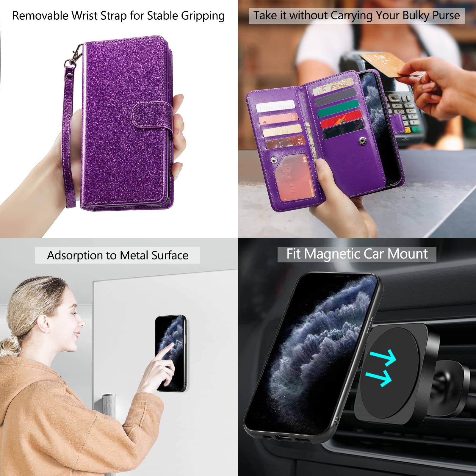 Varikke for iPhone 11 Pro Max Wallet Case, Detachable Magnetic Wallet Flip Cases for Women Men with Card Holder & Kickstand & Wrist Strap Fits iPhone 11 Pro Max Phone Cover Glitter PU Leather, Black