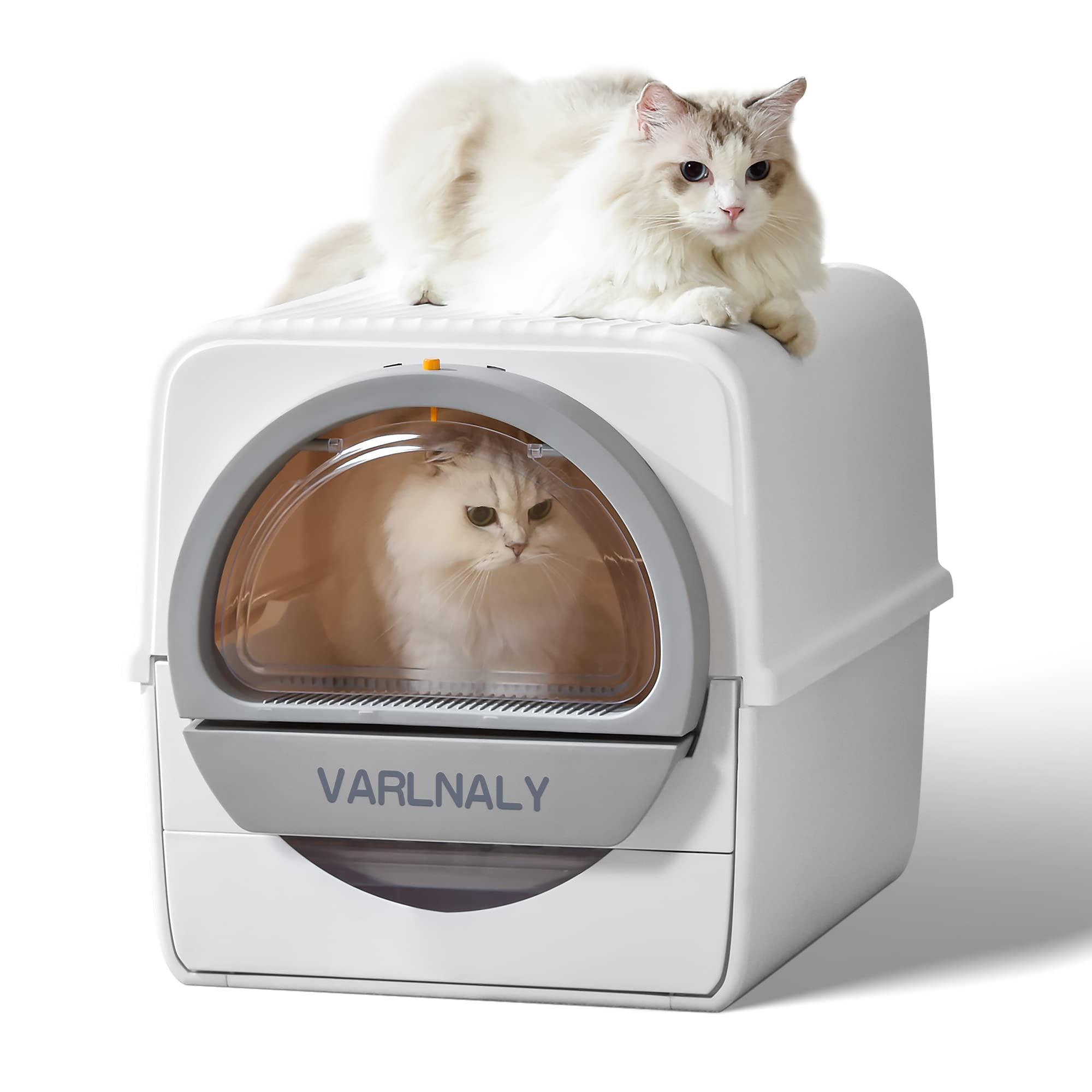 VARLNALY 4.0 Large Self-Cleaning Cat Litter Box, Pull-Out Non-Electric Automatic Cat Litter Box with Lid, One-Piece Base Prevents Urine&Litter Leakage, Fully Enclosed Litter Box Isolates Odor (White)