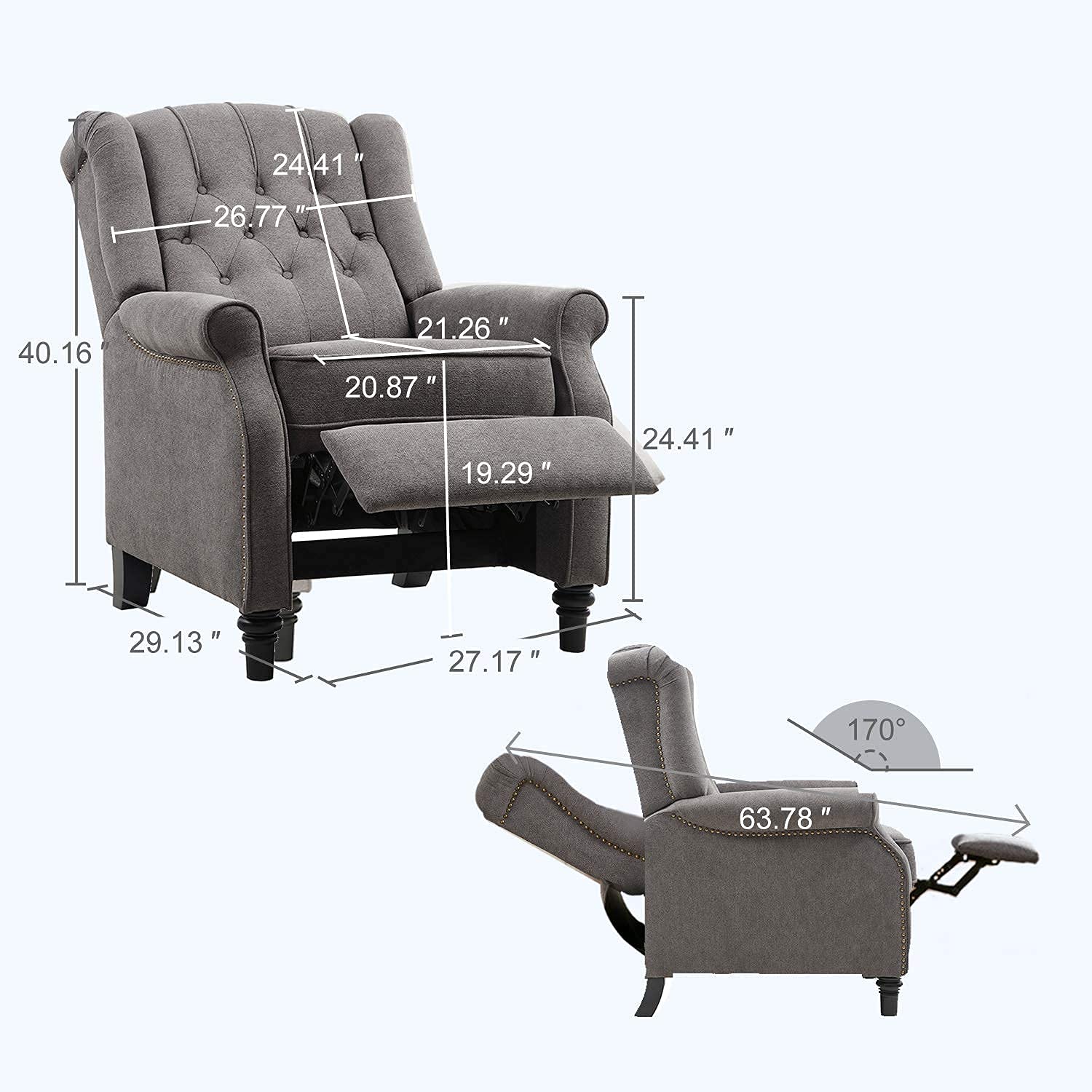 YANXUAN Pushback Recliner Chair, Tufted Armchair with Padded Seat, Backrest,Nailhead Trim, Gray