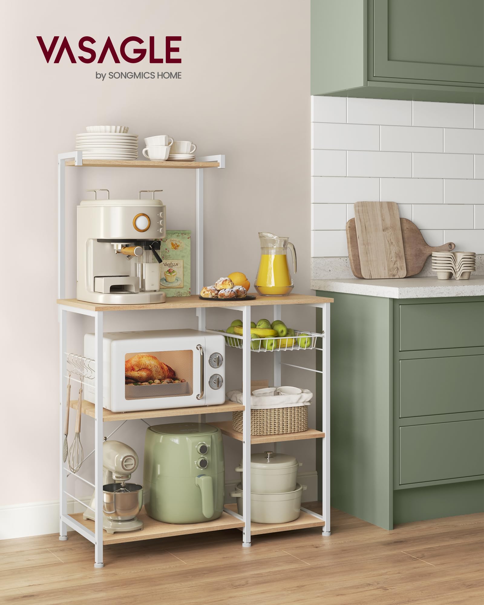 VASAGLE Baker's Rack, Microwave Stand, Kitchen Storage Rack with Wire Basket, 6 Hooks, and Shelves, for Spices, Pots, and Pans, Golden Oak and Cloud White UKKS035W09