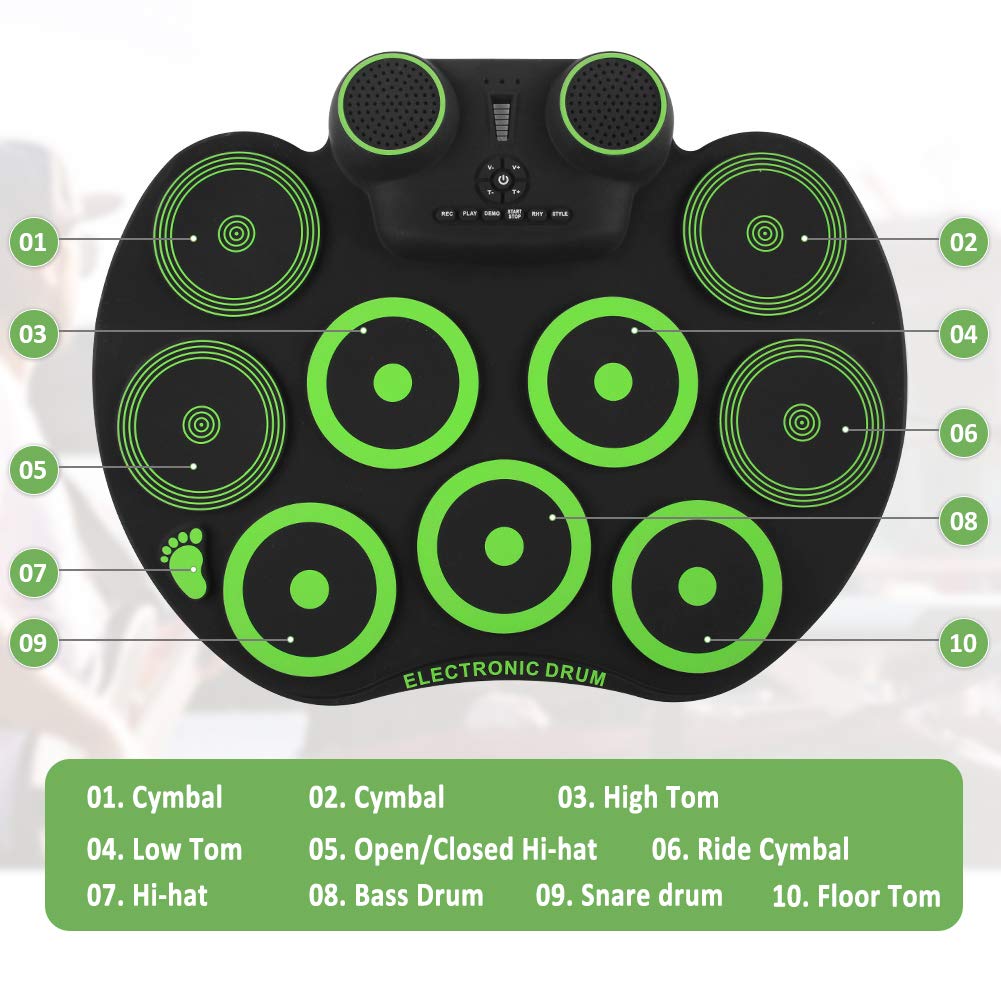 YISSVIC Electronic Drum Set Electric Drum Set 9 Drum Pads Rechargeable Battery Roll Up Drum Portable with Headphone Jack Built-in Speaker Green
