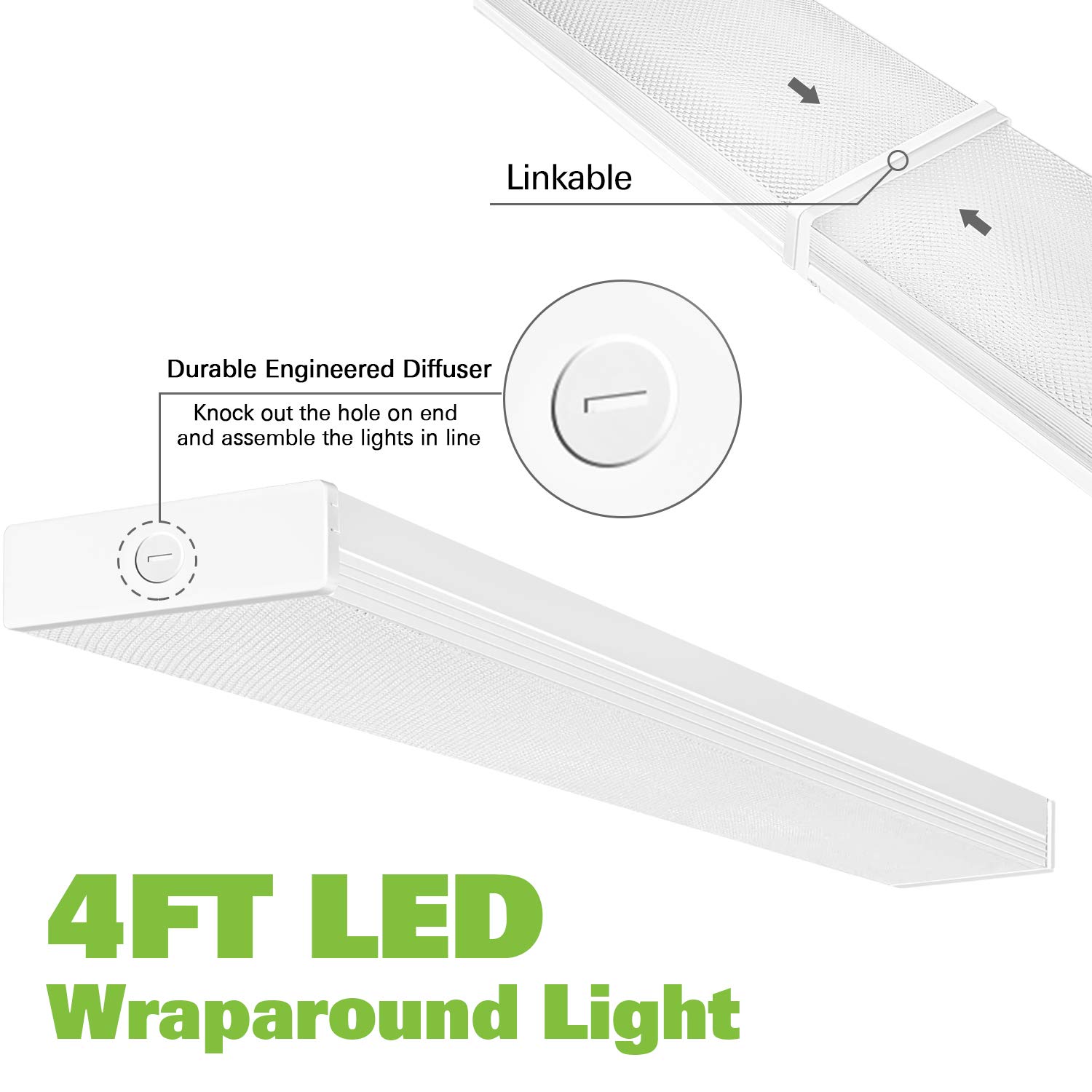 Yeegfeyeyy 4FT LED Wraparound Shop Lights, 40W, 4400lm [2-lamp 32W Fluorescent Equiv.], 4000K Neutral White, Flush Mount 48 Inch LED Light Fixtures, LED Wrap Ceiling Light for Garage, Office
