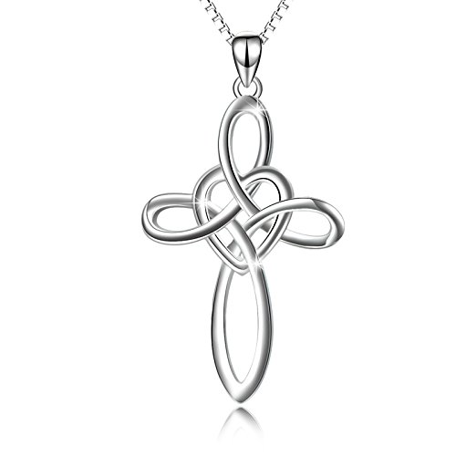 YFN Celtic Knot Cross Necklace 18k White Gold Tone Sterling Silver Infinity Love Heart Pendant Necklace 20" for Women