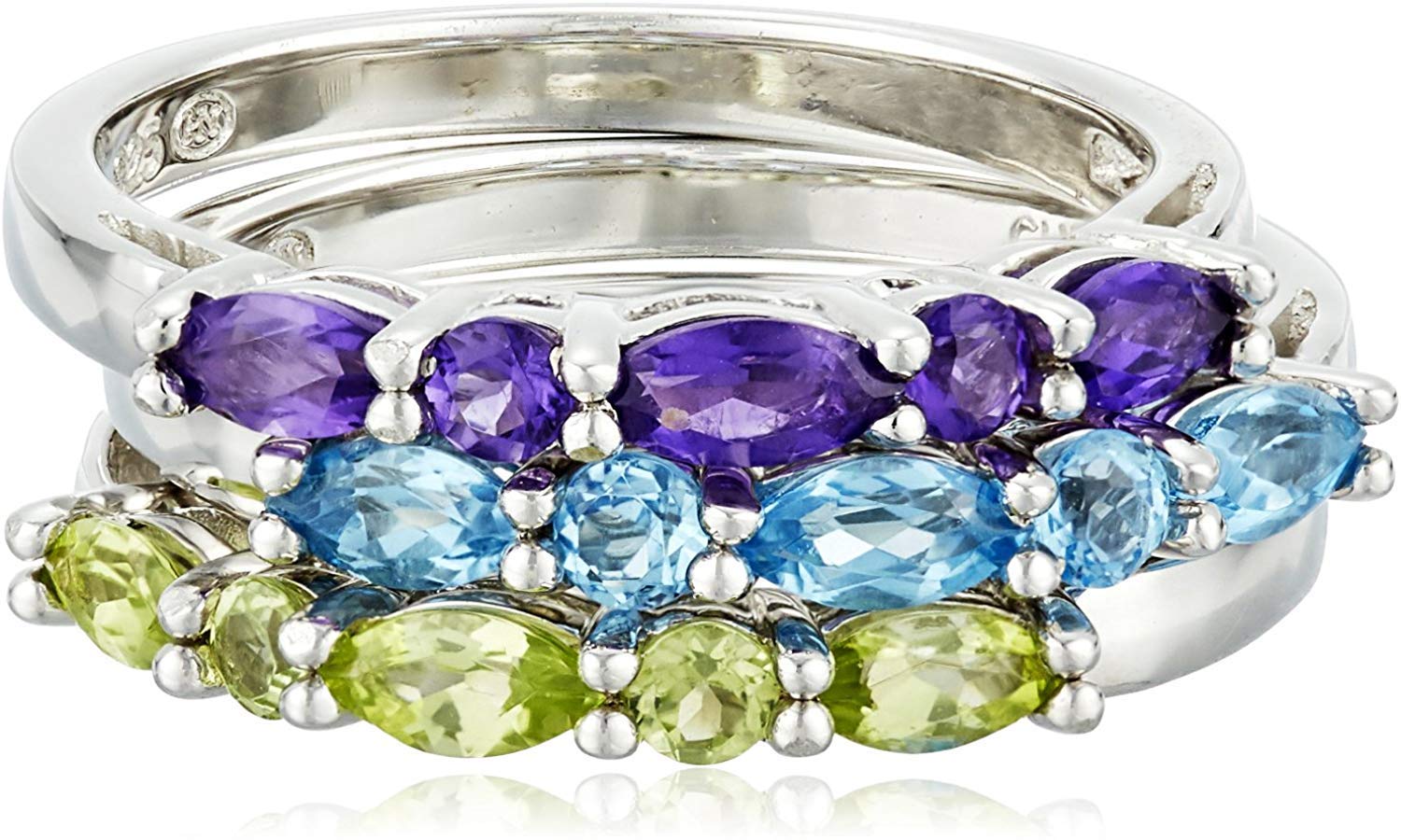Sterling Silver Genuine African Amethyst, Swiss Blue Topaz and Peridot Stacking Rings (Set of 3), Size 7