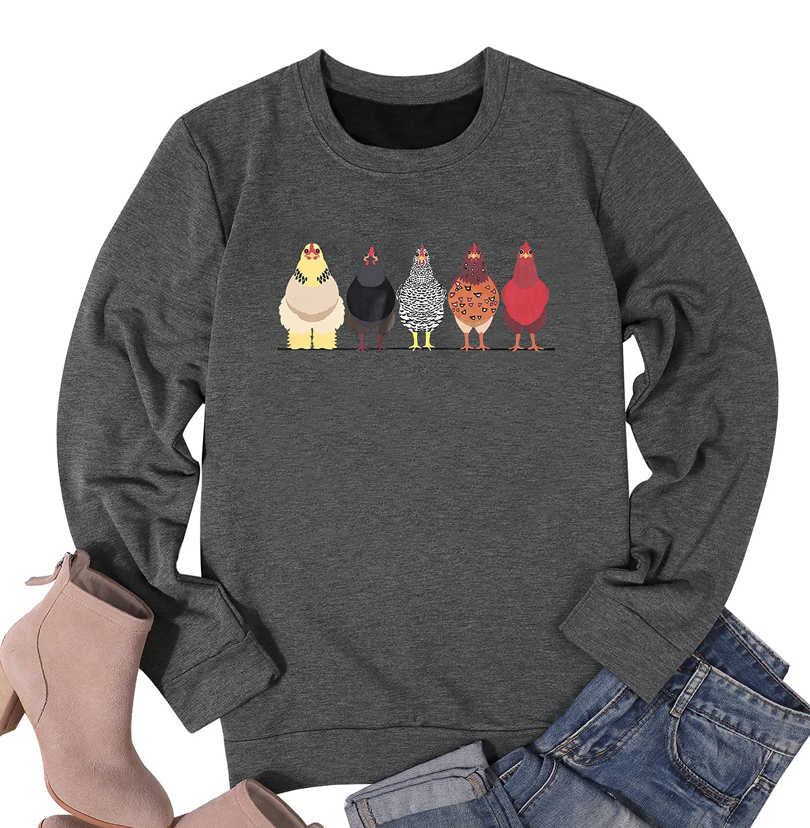 VILOVE Cute Sweatshirts for Women Chicken Graphic Long Sleeve Crew Neck Pullover Casual Fall Tops Shirts Green