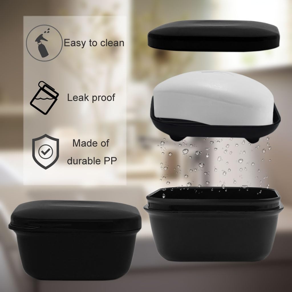 Vonpri Travel Soap Container with Lid for Dove Beauty Bar, Small Soap Case Holder for Shower Traveling Accessories Bathroom Soap Dishes Box for Mini Soap, Shampoo and Conditioner Bar 2.5 Inch (Black)