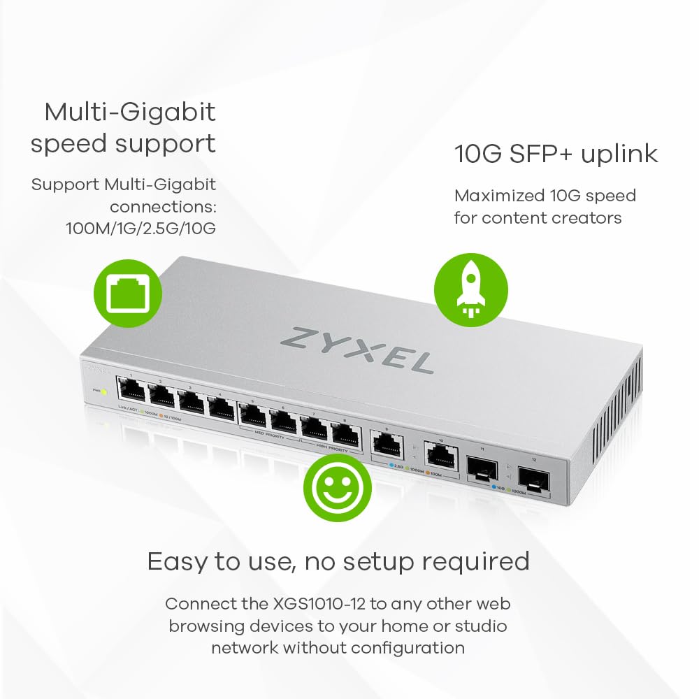 Zyxel 12-Port Multi-Gigabit Ethernet Unmanaged Switch | 2 x 2.5G | 2 x 10G SFP+ Fiber | 8 x GbE Ports | Plug & Play | Desktop or Wall-Mount | Ethernet Splitter | Limited XGS1010-12