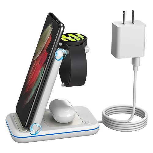 Wireless Charger for Samsung/Android, HOLYJOY Foldable 3 in 1 Fast Charging Station/Stand/Multi Charger for Samsung S24/S23/S22/Note 20, Travel Pad for Galaxy Watch 6/5/4/3/Active 2, for Buds(White)