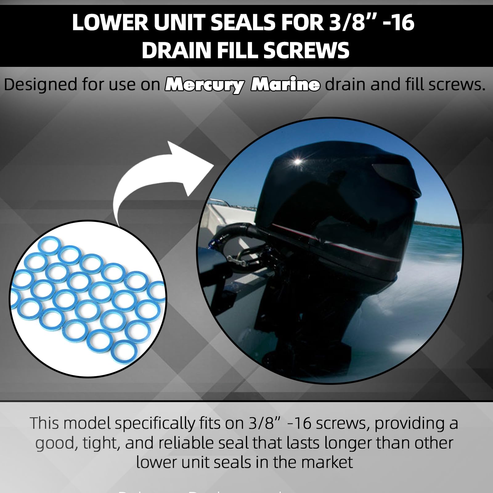 TonGass (24-Pack, Blue) Exact Replacement Mercury Marine Drain Screw Gaskets - Lower Unit Seals for 3/8โ-16 Drain Fill Screws - Fits Most Non-Japanese Mercury/Mariner Outboards and All Mercruiser