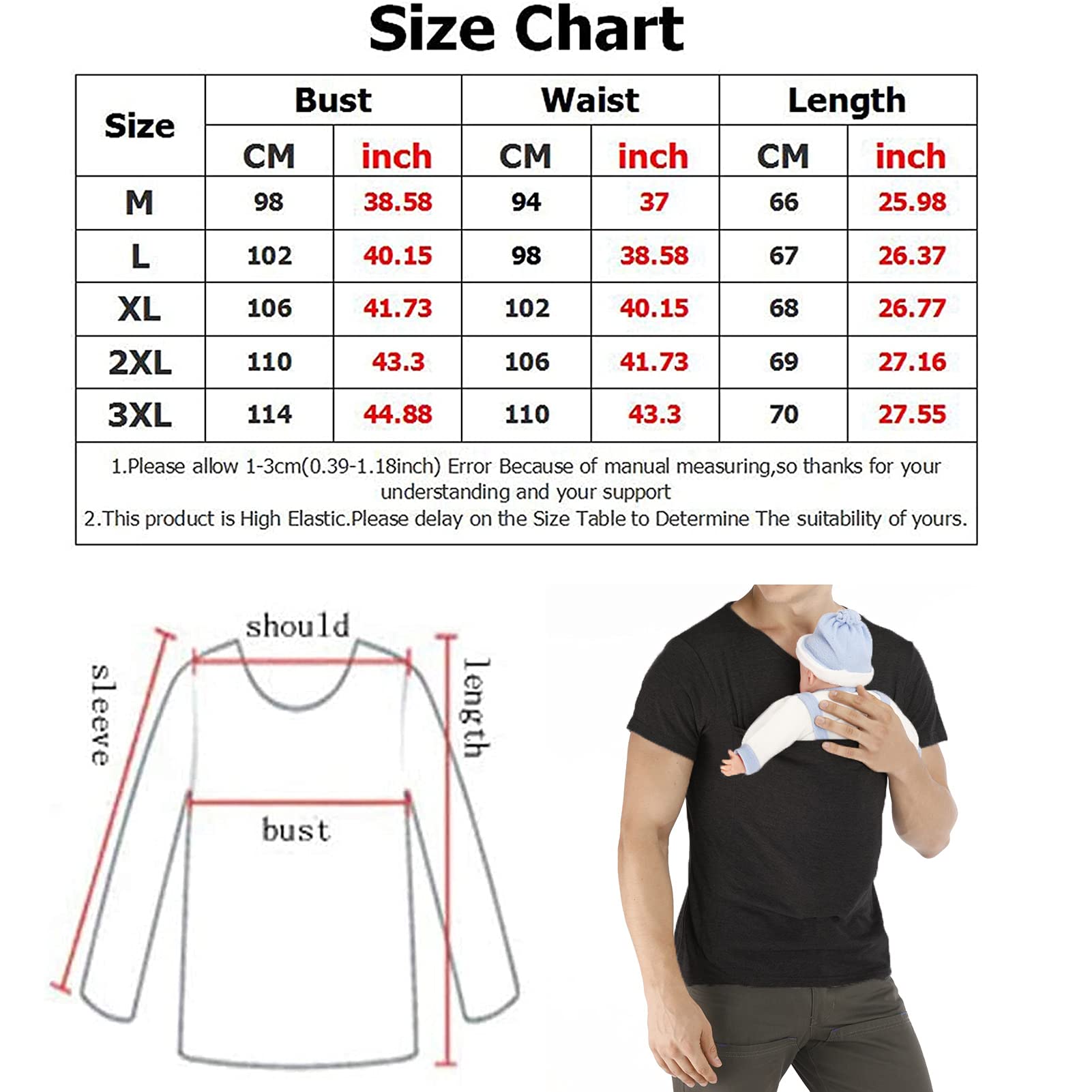 WW Kangaroo Dad T-Shirts Short Sleeve Baby Carrier Big Pocket Baby Care Nursing Blouse Black,L