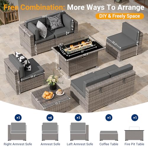 UDPATIO Patio Furniture Sets with Fire Pit Table, Modular Grey Rattan Outdoor Sectional Set, Wicker Conversation Set for Backyard, Deck, Poolside w/Coffee Table, 8pc Grey (Include Sofa Cover)