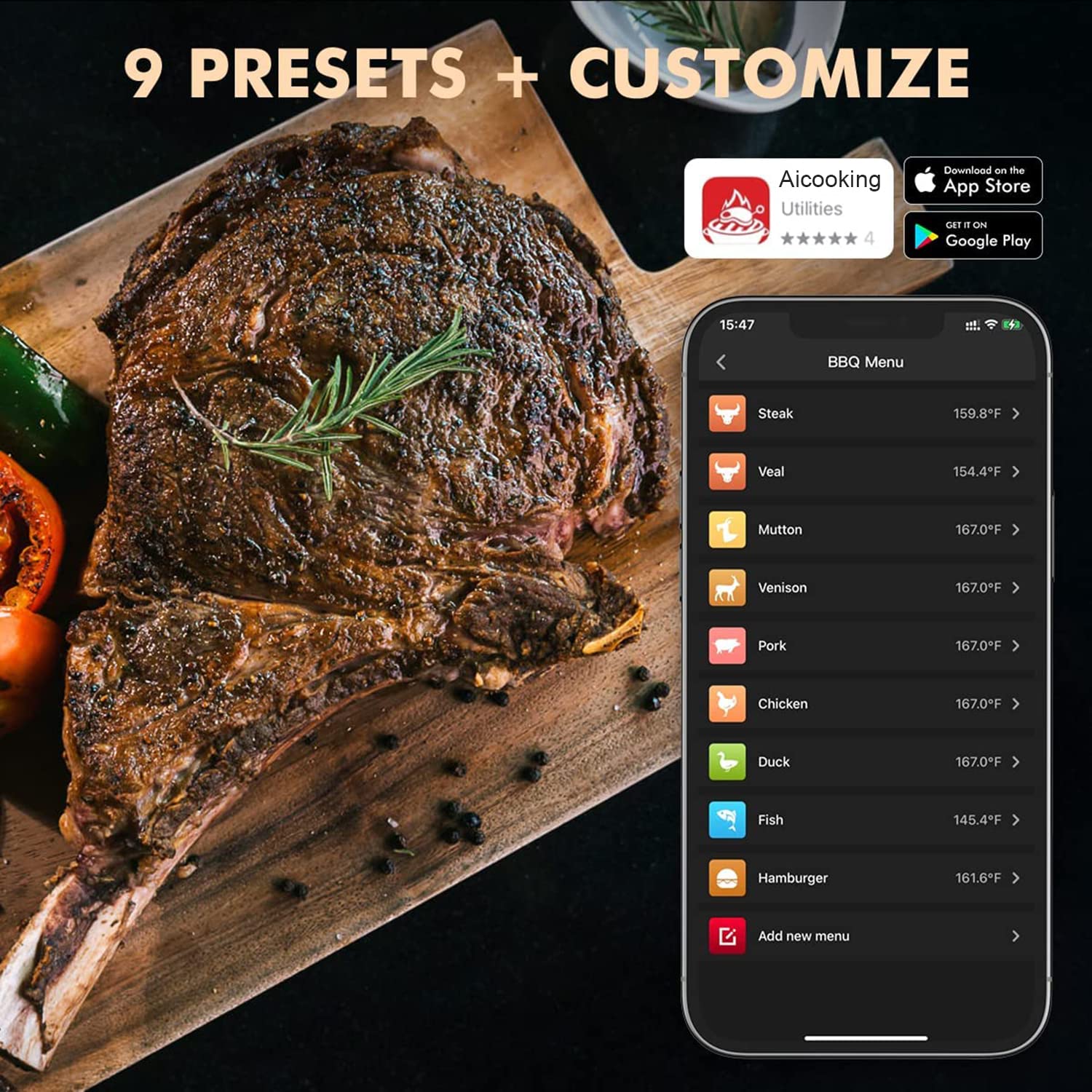 Wireless Meat Thermometer Digital 330FT Range, BVRONA Bluetooth Meat Thermometer for Grill, IP67 Waterproof, Smart Food Thermometer for Smoker, BBQ, Oven,Air Fryer, App Compatible