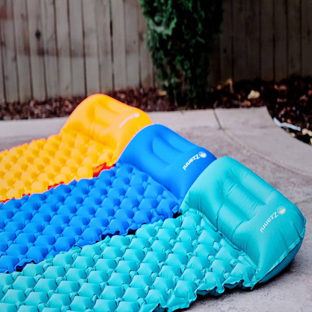 ZZANNI Camping Sleeping Pad Built-in Pump Duel Chambers Dimond Design Easy Foot Pump Inflatable Outdoor Camping Sleeping Mat Ultralight 50D Nylon (Orange)