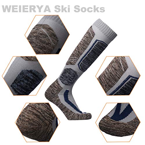 WEIERYA Ski Socks, Warm Knee High Performance Skiing Socks, Snowboard Socks (Grey 2 Pairs, Large)