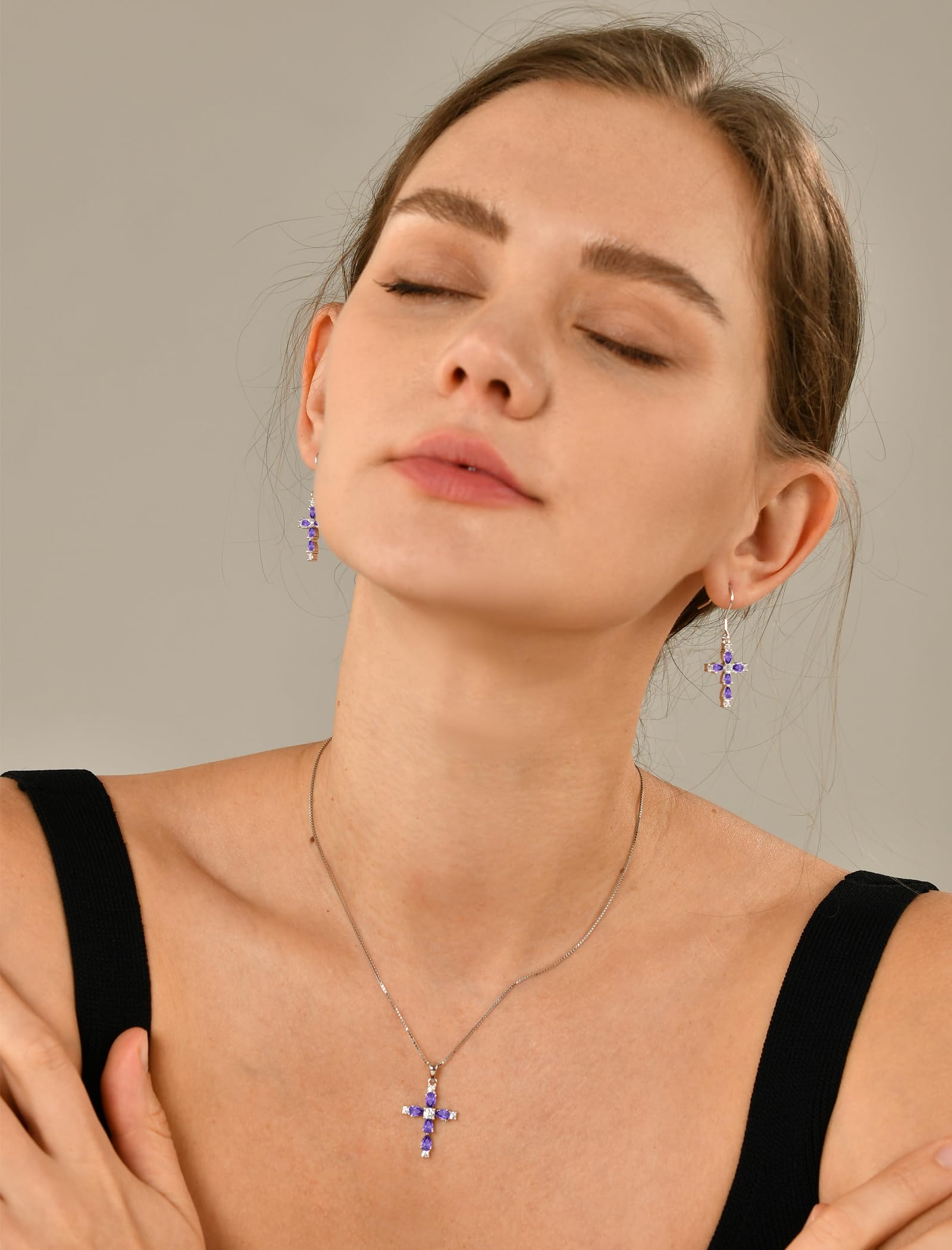 YL Cross Earrings 925 Sterling Silver Halo Dangle Earrings Created Amethyst Religious Jewelry Christian Baptism Gifts