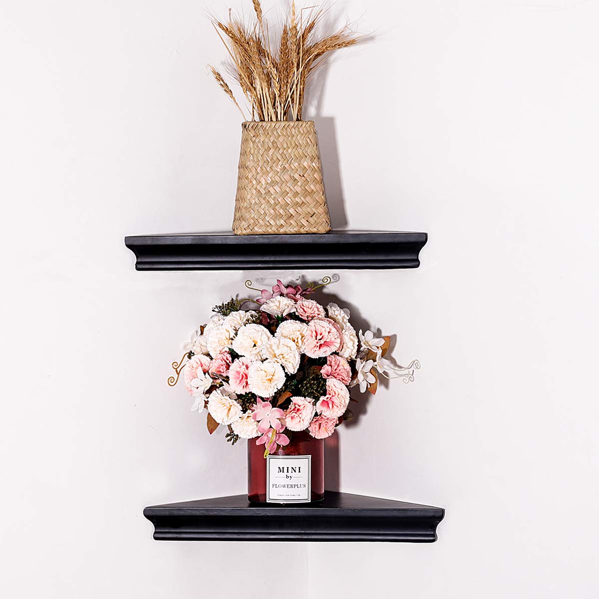 UMICAL Floating Shelves Black Corner Floating Shelf Wall Mounted Floating Corner Shelf Wood Organizer Displays for Home Decor, Set of 2