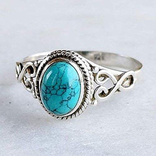 Yuren Vintage Women's 925 Sterling Silver Ring Oval Cut Natural Bohemia Turquoise Jewelry Turquoise Moonstone Ring Wedding Jewelry Size 6-10 (US Code 6)