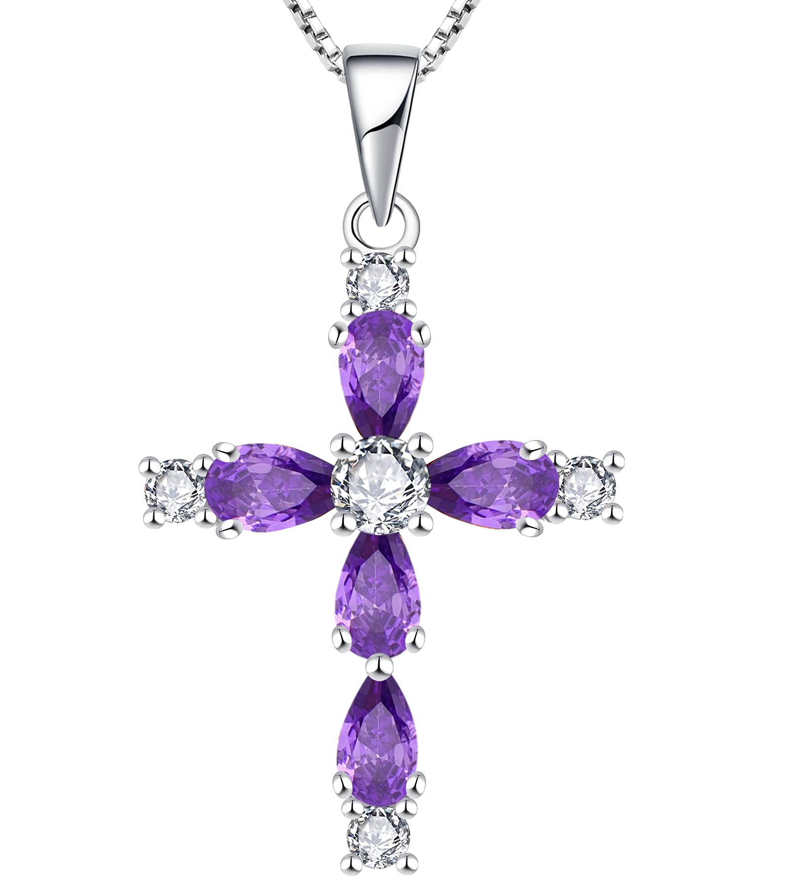 YL Cross Necklace 925 Sterling Silver Created Amethyst Pendant Religious Jewelry 18K White Gold Plated Gemstone Christian Baptism Gift