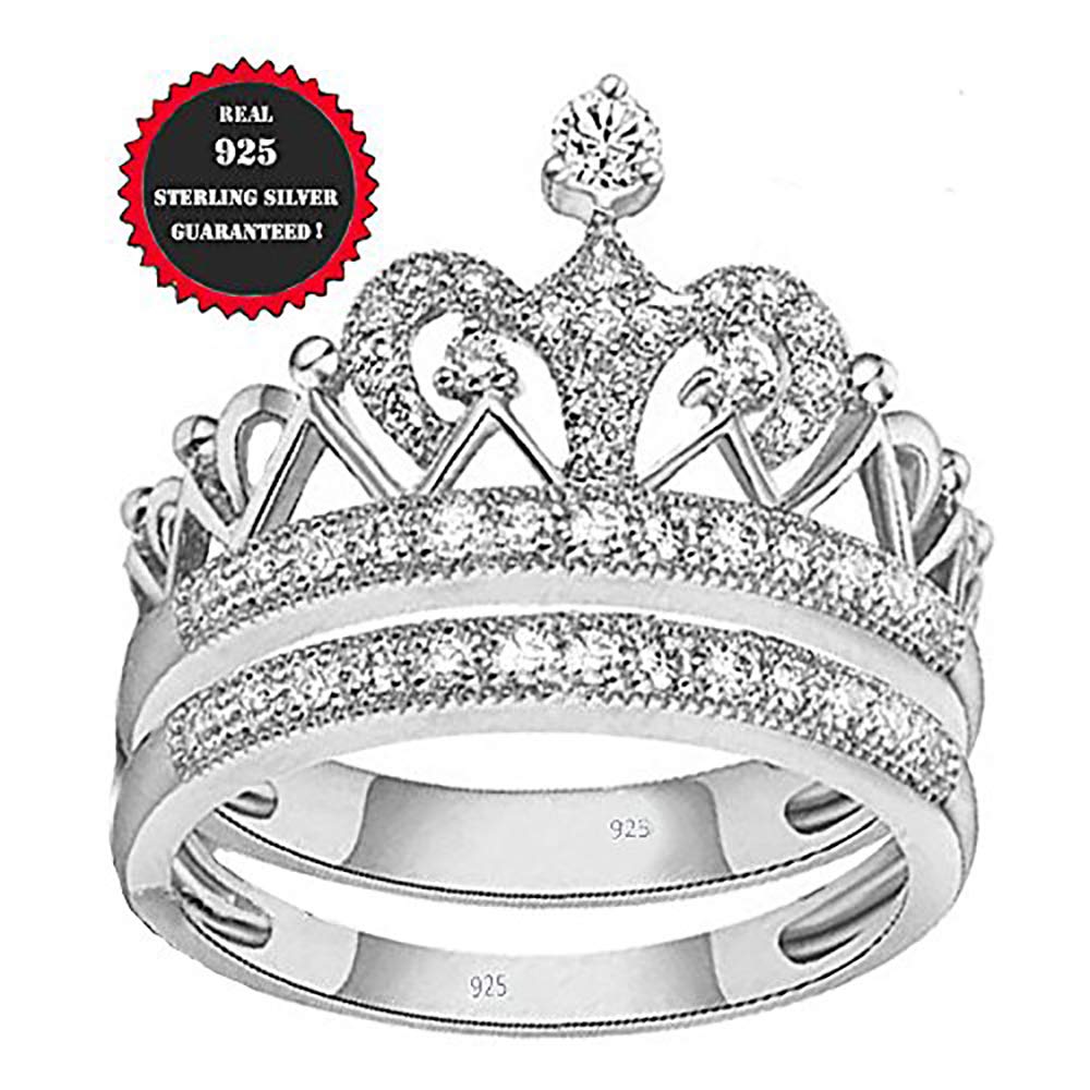 VPKJewelry 2.00 ct Real 925 Sterling Silver Wedding Engagement Crown 2 pc set Ring Women Ladies (6.5)
