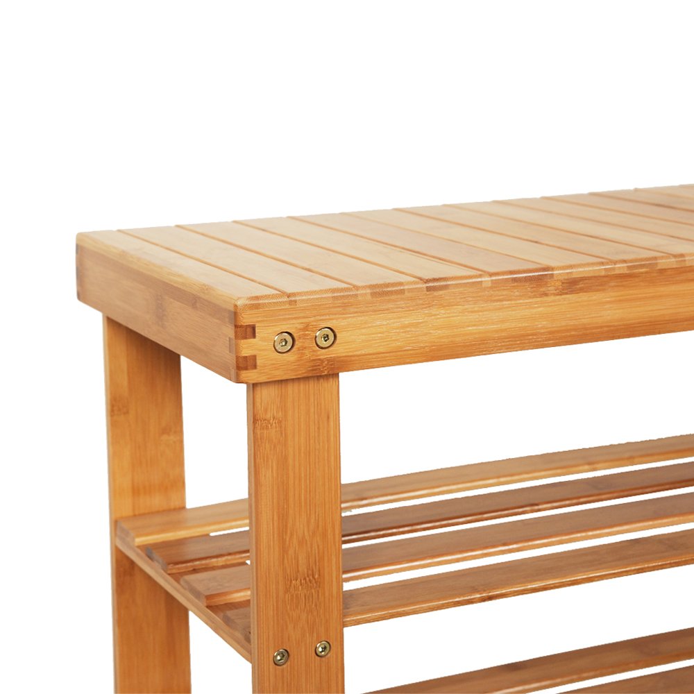 WISCLASS 90 cm Pastoral Style Bamboo Shoe Rack Strip Pattern Three Tiers Bamboo Stool Shoe Rack Simple Assembled Multifunctional Storage Shoe Rack Pastoral Style Bamboo Shoe Stool for Home