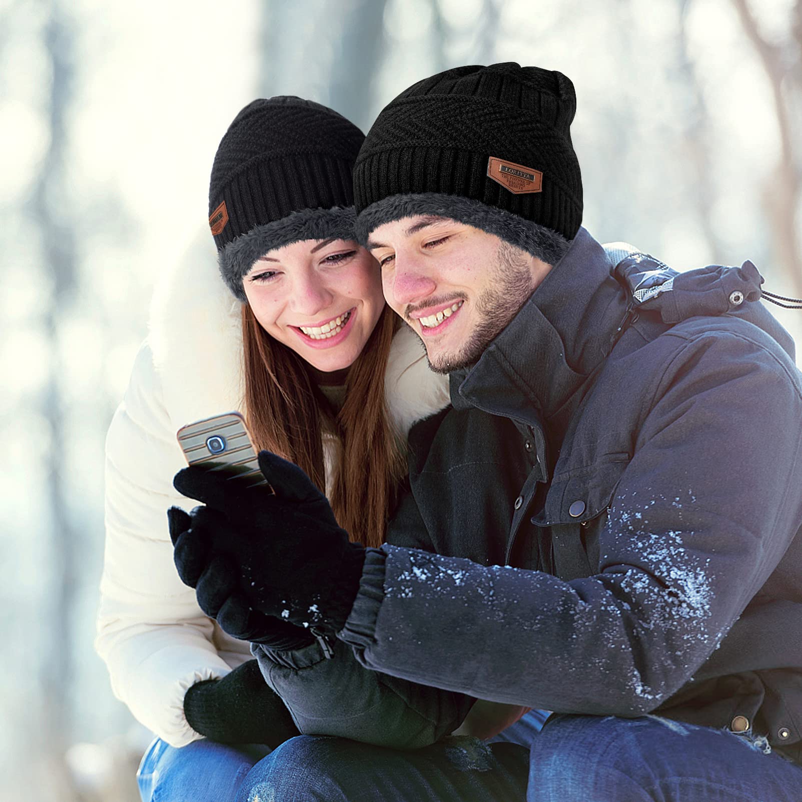 Winter Beanie Hats Scarf Gloves Set Thick Warm Slouchy Beanies Hat Knit Skull Cap Neck Warmer for Men Women,Hat Scarf Set-a-black