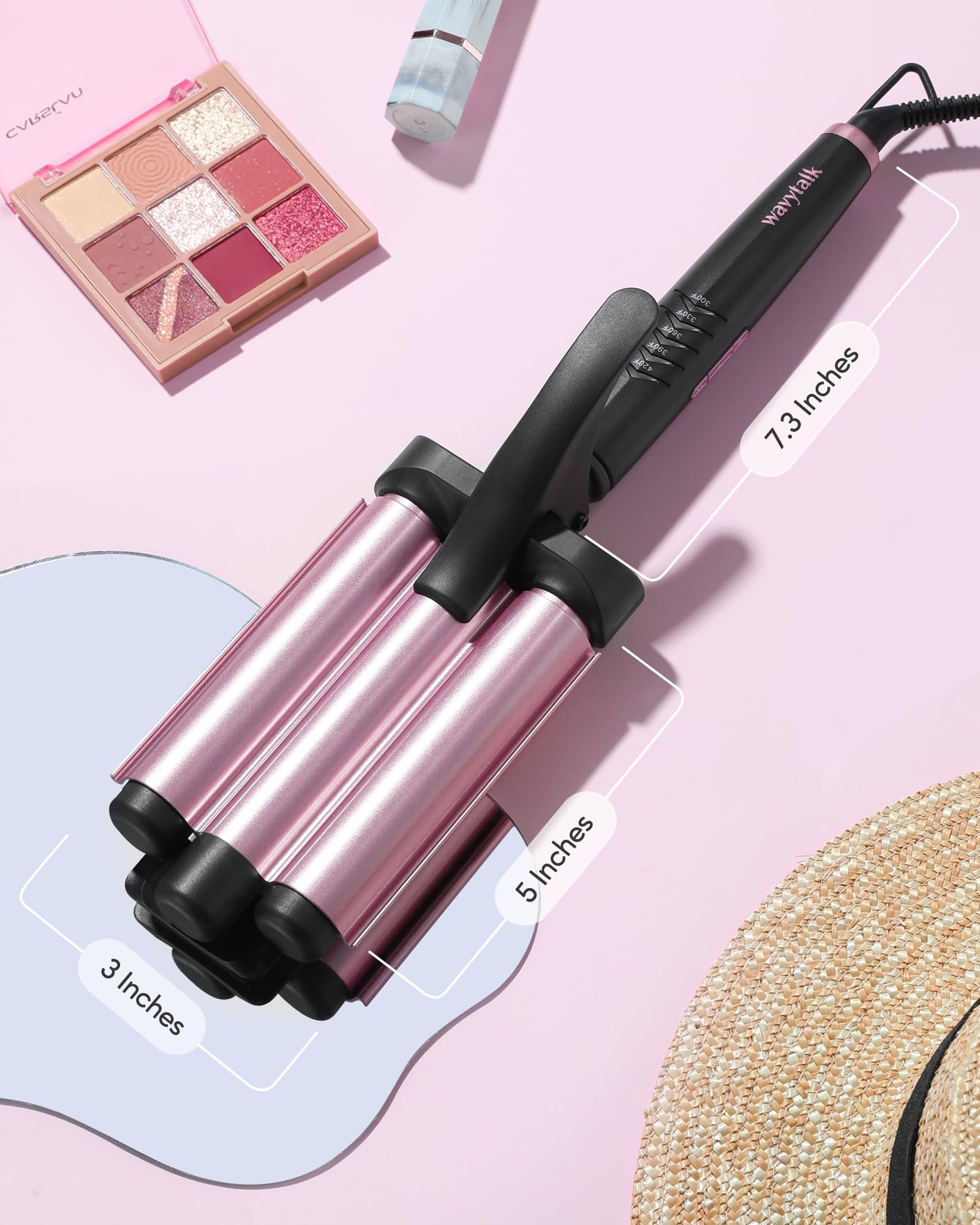 Wavytalk 3 Barrel Curling Iron Wand, Beach Hair Waver with Adjustable Temp, Ceramic Hair Crimper with Glove, Dual Voltage, Rose Pink