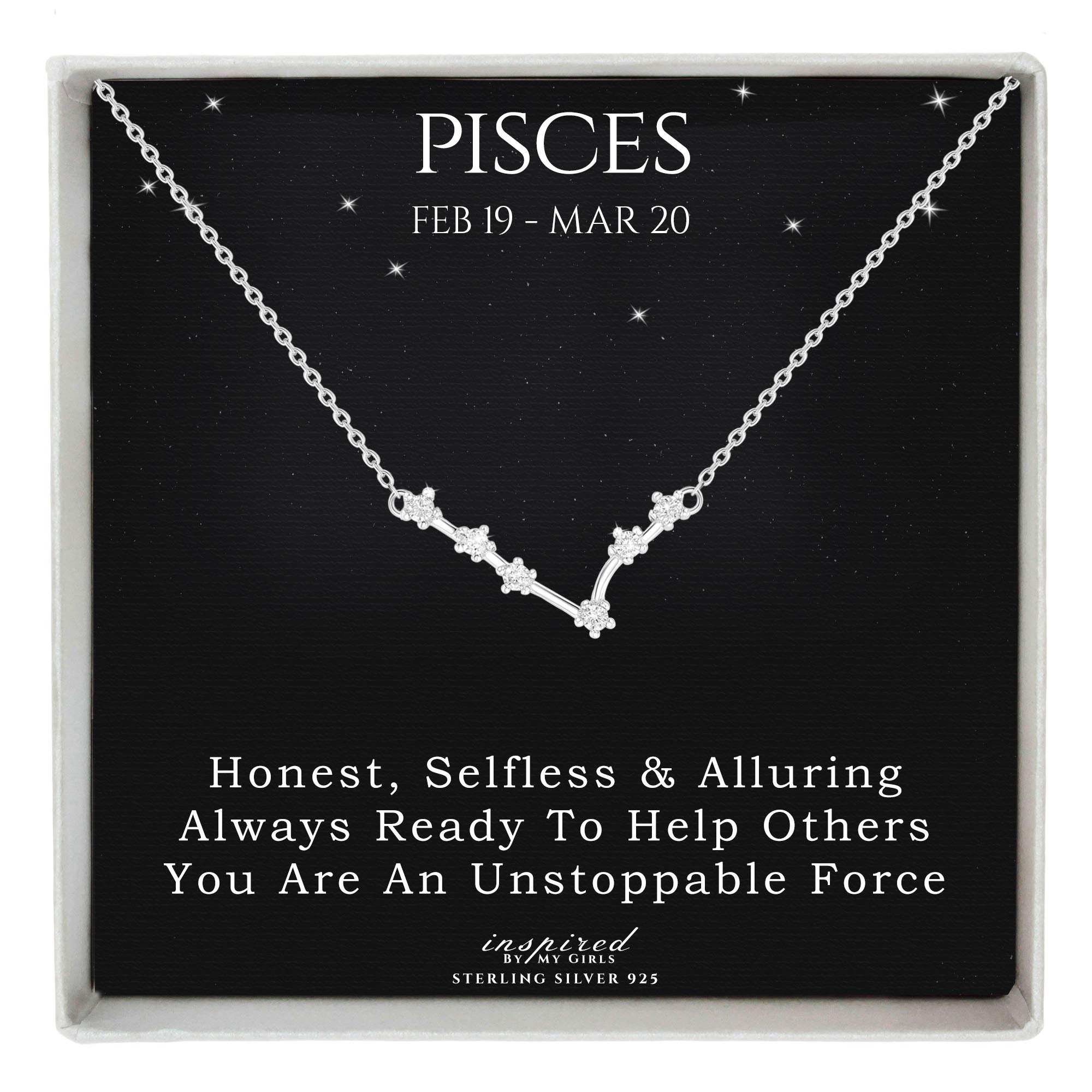 Sterling Silver Zodiac Constellation Necklace Astrology Horoscope Keepsake Card Gift For Women - Pisces (Feb 22 - Mar 21)