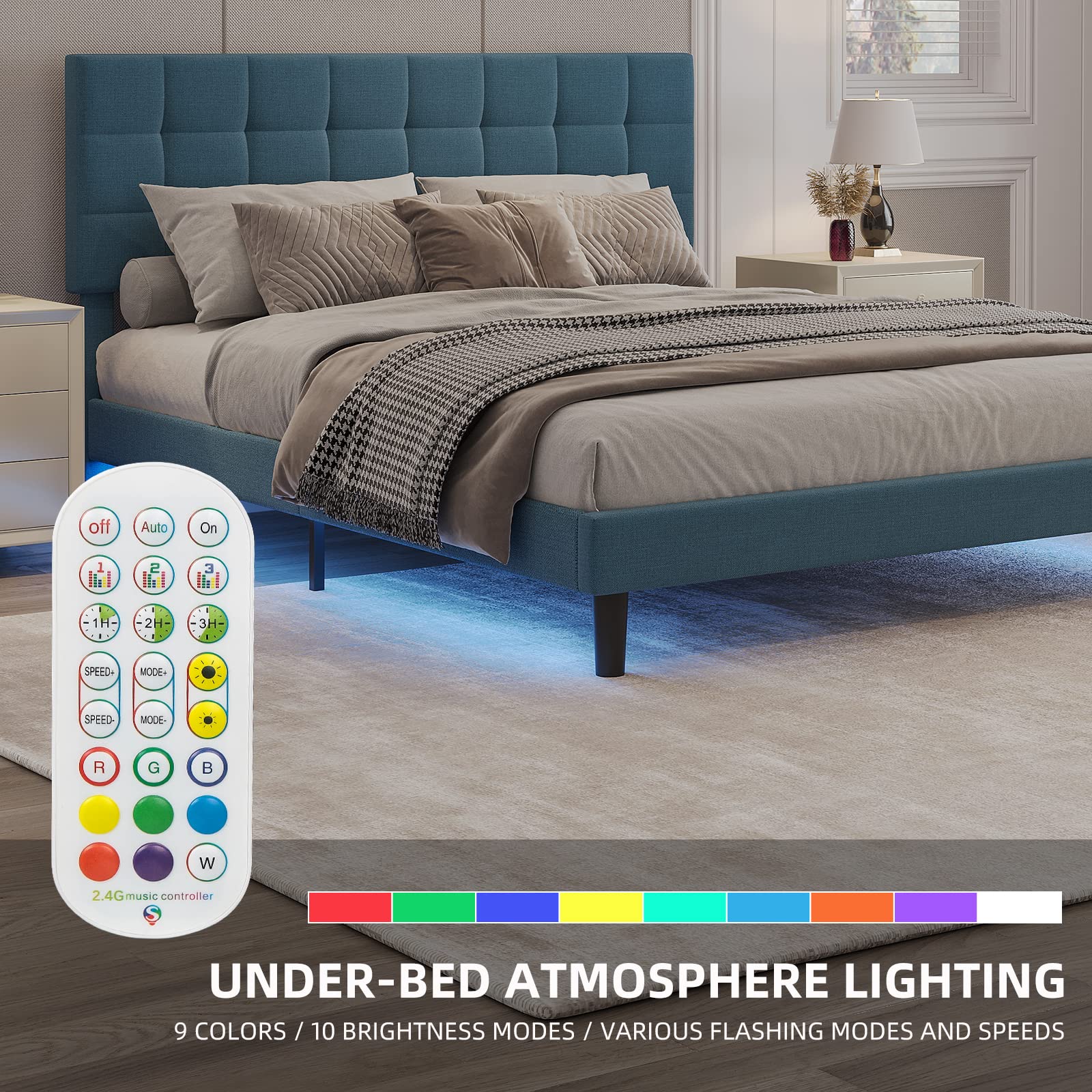 Yone jx je Queen Bed Frame with Lights,Upholstered Platform Bed Frame,Upholstered Queen Size Bed Frame,Mattress Foundation,Box Spring Needed,Easy Assembly (Blue)