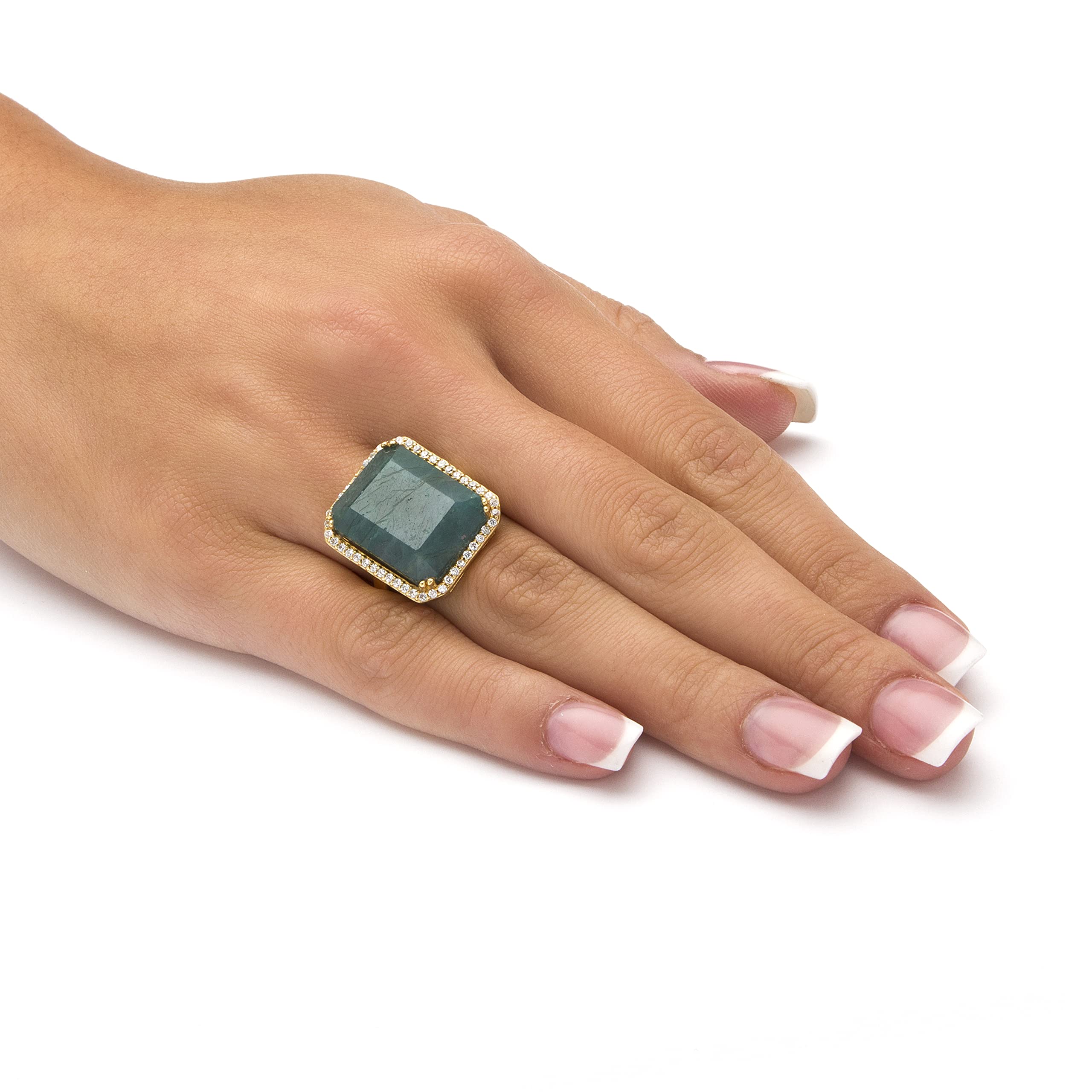 Yellow Gold-plated Sterling Silver Emerald Cut Genuine Green Sapphire and Round Cubic Zirconia Halo Ring Sizes 6-10 Size 10
