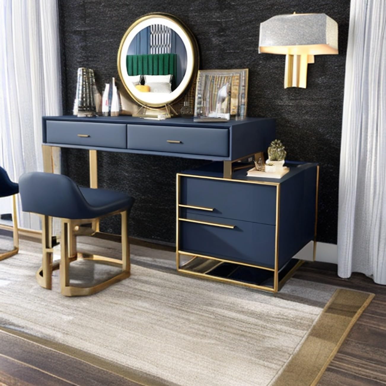 YIMAKEY Vanity Desk Set Mirror: Blue 47 Inches Vanity Table with 3 Modes Lights Mirror and 4 Drawers 1 Stool - Wooden Adjustable Makeup Table for Bedroom for Her