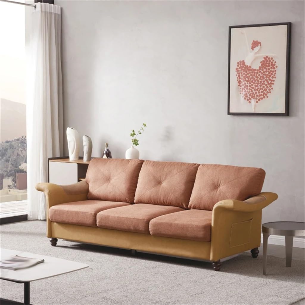 XIAODOU Living Room Furniture Linen Fabric Artificial Leather Wooden Leg Sofa (Reddish Brown), with Storage Box